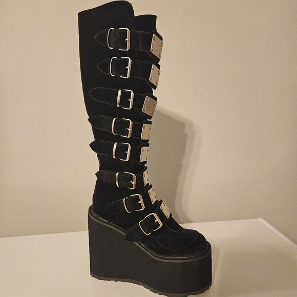 Demonia | Shoes | Demonia Swig85 Black Velvet Boots Brand New | Poshmark